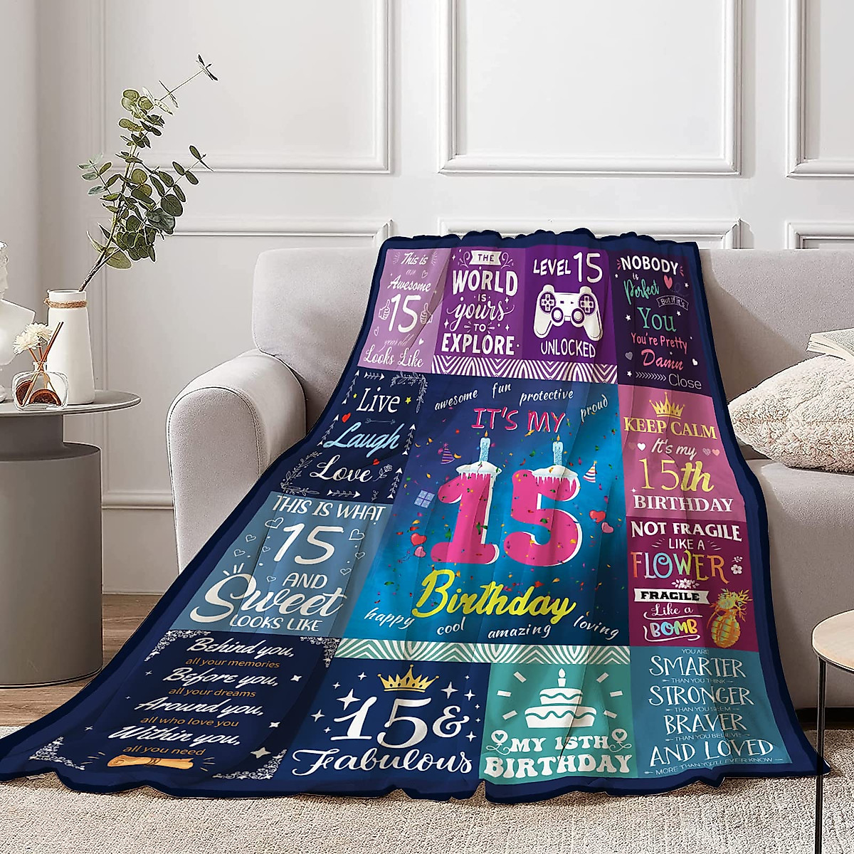 Paready 15th Birthday Presents for Girls Throw Blanket 50"x60" 15 Year Old Girl Birthday Present Soft Blanket for Couch Bed 15th Birthday Decorations for Girls Best Teenage Girl Presents