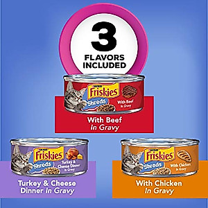 Purina Friskies Gravy Wet Cat Food Variety Pack, Shreds Beef, Chicken And Turkey & Cheese Dinner - (24) 5.5 Oz. Cans