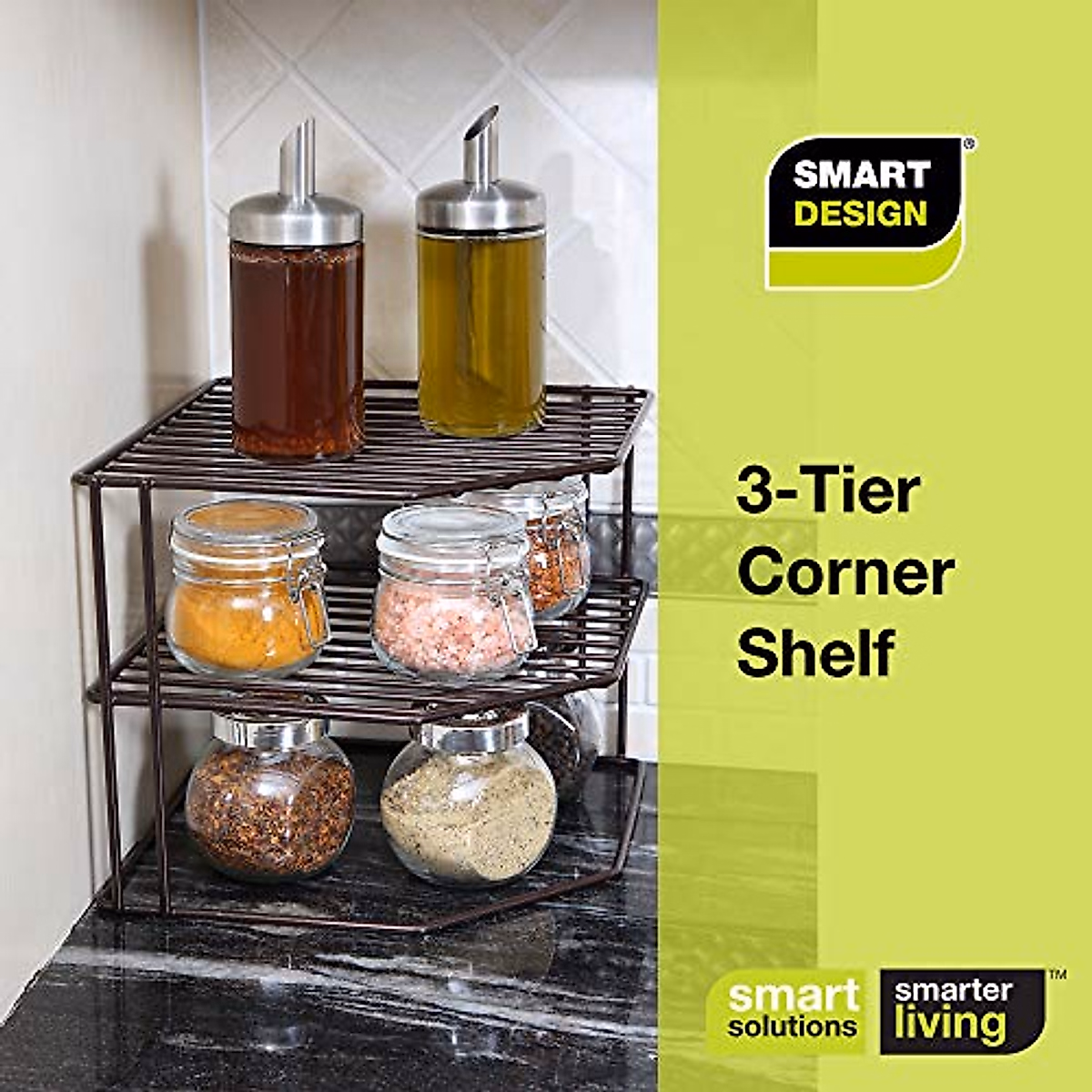 Smart Design 3-Tier Corner Shelf Storage – Bronze – Heavy Duty Steel Pantry Organizer with Rust-Resistant Finish and No-Scratch Bottom for Easy Home Organization and Storage