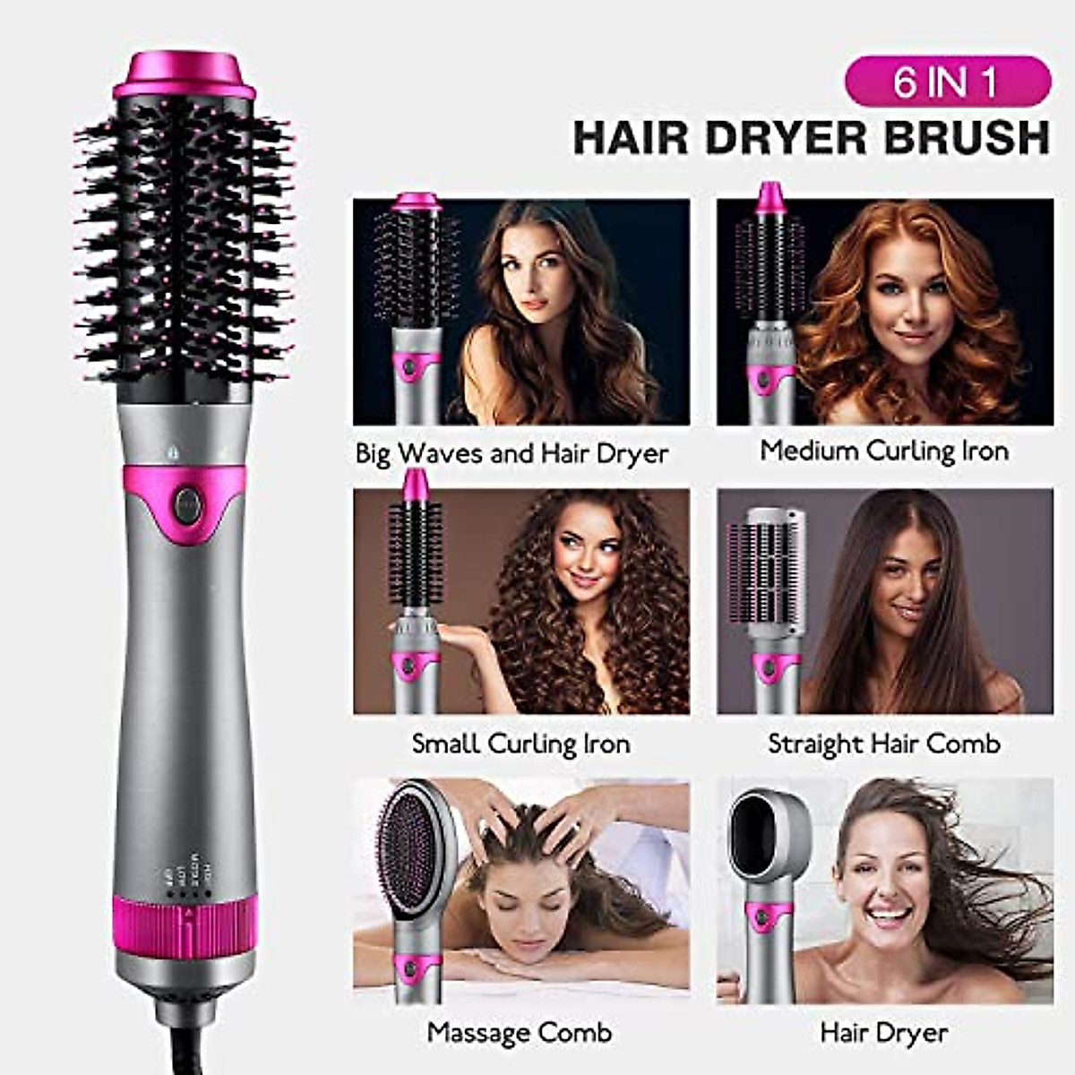 6 in 1 Hair Dryer Brush and Volumizer, Detachable Hair Dryer Styler, One-Step Hot Air Brush for Straightening Curling Drying Combing Styling