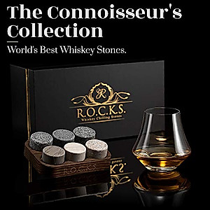 Whiskey Stones & Premium Crystal Nosing Glass Gift Set - 6 Handcrafted Granite Round Sipping Rocks - Tumbler for Whiskey, Scotch, Bourbon Tasting - Hardwood Presentation Tray - Gold Foil Box by Rocks
