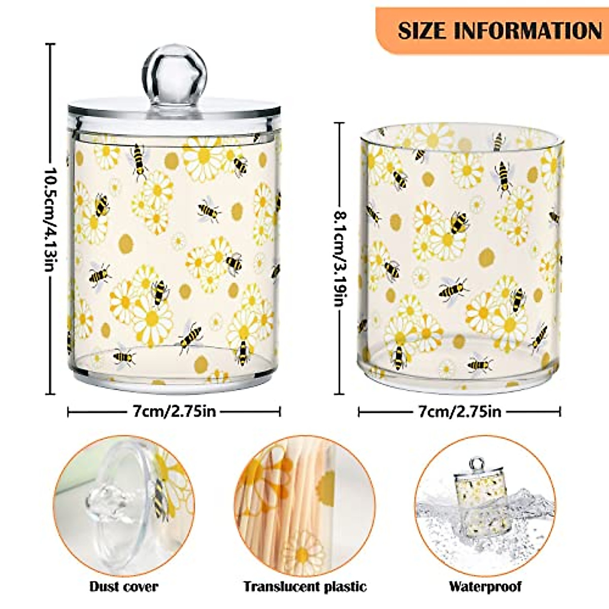 MNSRUU 2 Pack Qtip Holder Organizer Dispenser Cute Bee Bathroom Storage Canister Cotton Ball Holder Bathroom Containers for Cotton Swabs/Pads/Floss