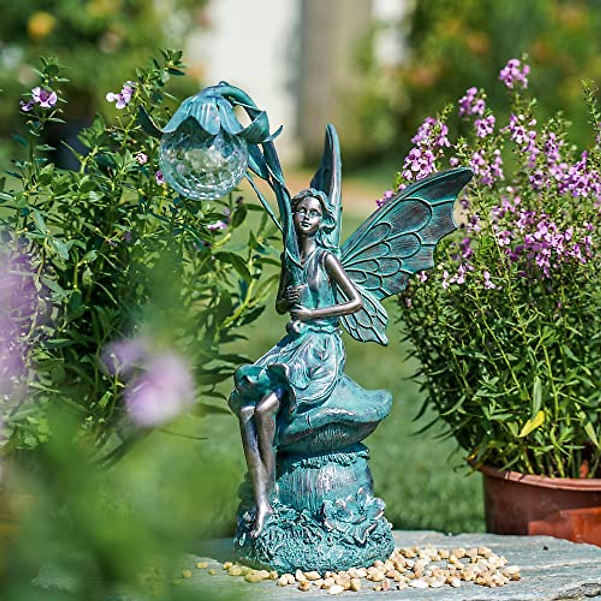 TERESA'S COLLECTIONS Garden Statues Fairy Sculptures & Statues, Solar Garden Figurines Outdoors Decor, Patina Bronze Garden Art for Yard Decor 13.8 Inch