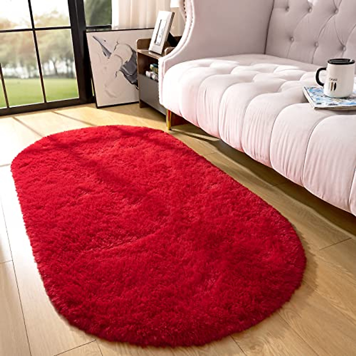 DETUM Soft Fluffy Area Rugs, 2.6 x 5.3 Feet Red Plush Rug for Girls Boys Bedroom Oval Throw Rug for Nursery Reading Room, Shaggy Cute Rugs for Kids Room Bedside School Dorm Home Décor