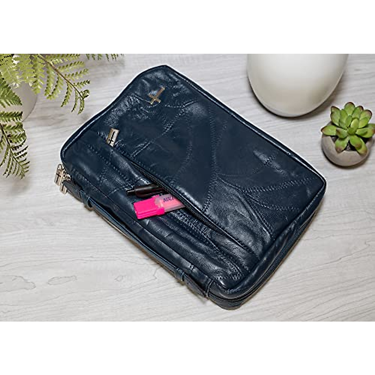 Patchwork Cross Navy Blue Thinline Faux Leather Purse Style Bible Case Cover