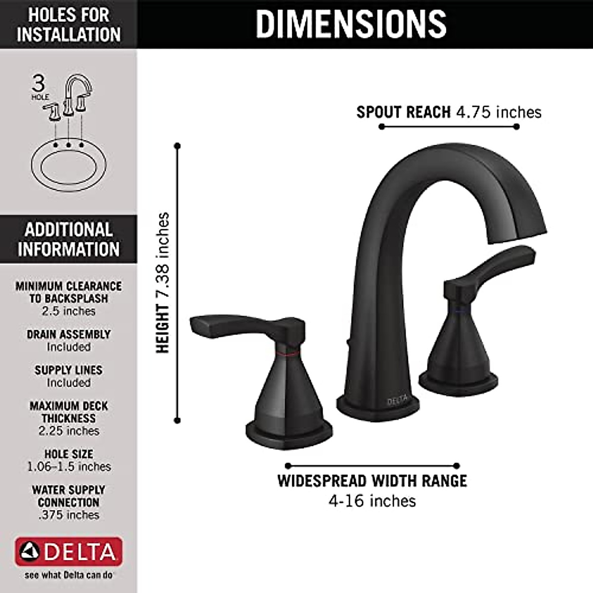Delta Faucet Stryke Widespread Bathroom Faucet 3 Hole, Matte Black Bathroom Faucet Black, Bathroom Sink Faucet, DIAMOND Seal Technology, Metal Drain Assembly, Matte Black 35775-BLMPU-DST