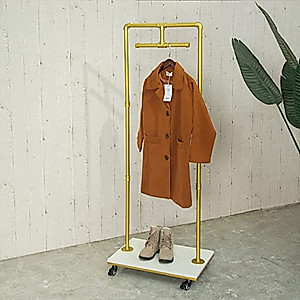 Ethemiable Industrial Pipe and Wood Rolling Clothing Retail Store Display Stands, Entrance Porch Organization Hanging Garment Rack,Wall Mounted Storage Clothes Towel Shoe Bag Pipe Shelf (Gold)