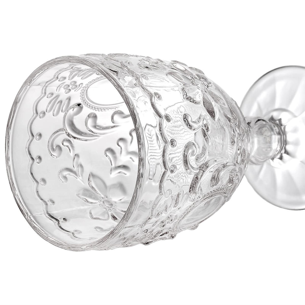 Lyellfe Set of 4 Clear Glass Goblet, 12 Oz Retro Vintage Stemware Wine Glasses, Crystal Embossed Romantic Footed Glasseware for Iced Beverage, Wine, Cocktail, Party, Dishwasher Safe