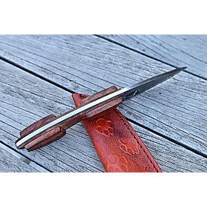 Damascus Hunting Knife - Handmade Knife, Hand Forged Fixed Blade Knife, Camping Knife & Hunting Knives - Gift Knives & Bowi Knives with Rose Wood Handle - Leather Knife Sheath