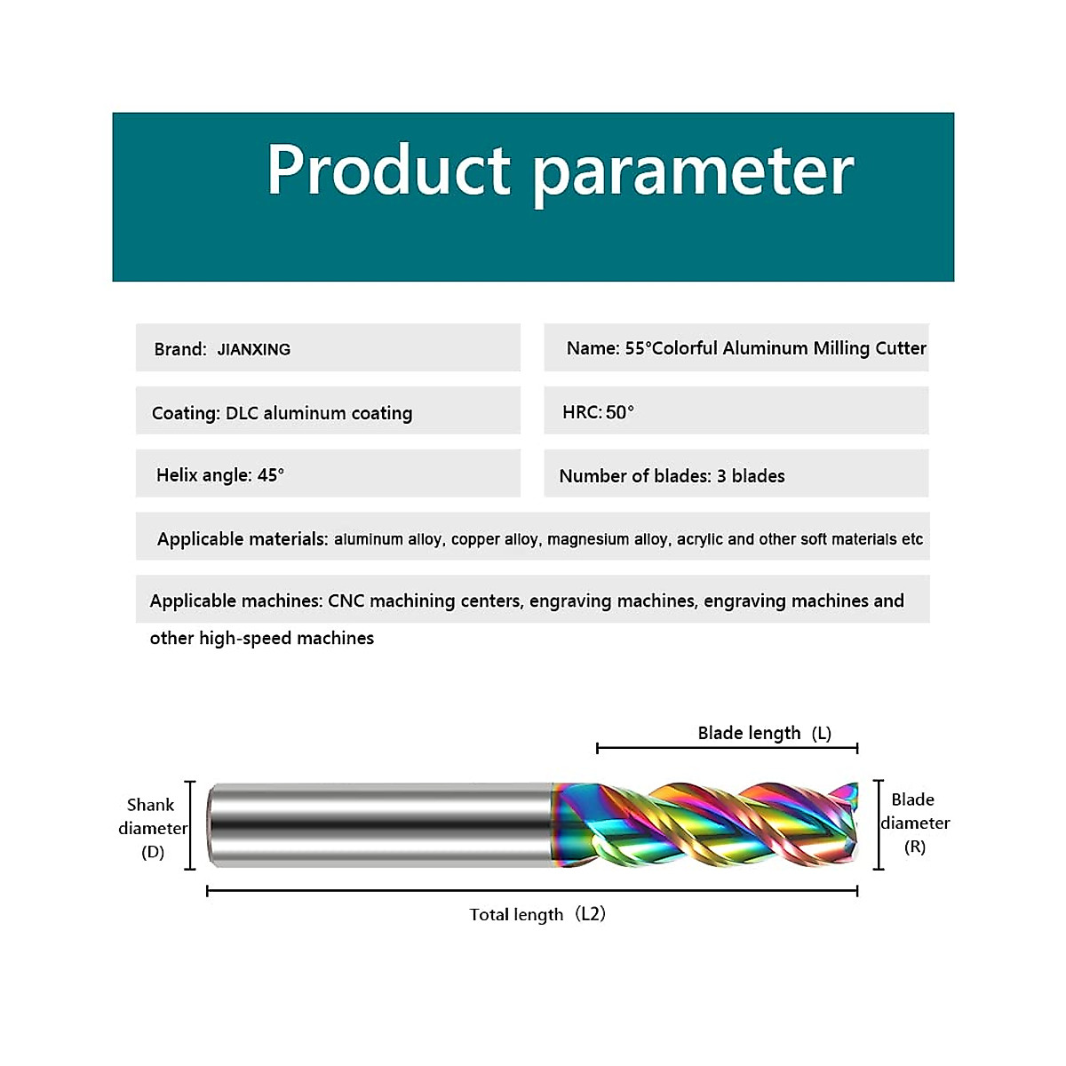 JIANXING 1/8" Extra Long Carbide Square End Mill for Aluminum, Copper Alloy, Plastic, 3" Overall Length End Mill Bits, 3 Flute HRC 55 Deg DLC Coating, CNC Router Bits (1 Pieces)