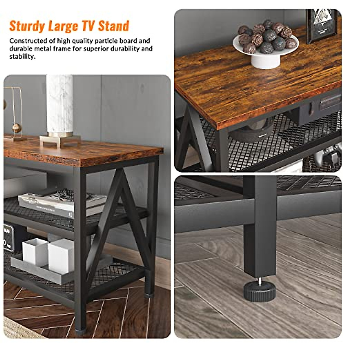 Furologee TV Stand for 60 65 inch TV, Long 55" Entertainment Center with 3-Tier Open Storage Shelves, Industrial TV Console Table for Living Room, Rustic Brown