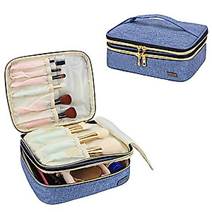 Teamoy Travel Makeup Brush Organizer, Cosmetic Brushes Bag Case with Compartment for Brushes and Beauty Essentials, Blue