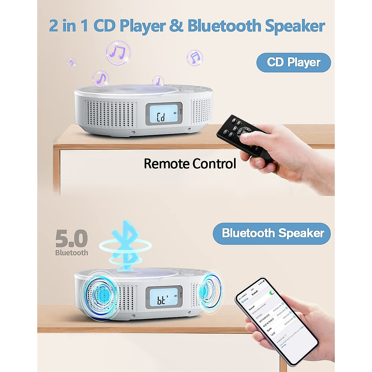 CD Player Portable, FELEMAN Upgraded Boombox CD Player & Bluetooth Speaker 2 in 1 Combo, Rechargeable Portable CD Player for Car/Home with Remote Control, FM Radio, Support AUX/USB, Headphone Jack