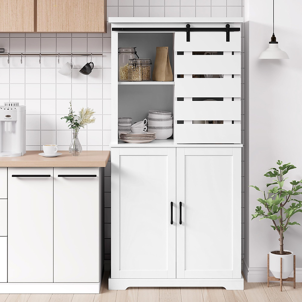 BOTLOG Tall Kitchen Pantry, Large Wood Storage Cabinet with Sliding Barn Door and Adjustable Shelves, Tall Freestanding Cupboard for Dining Room, Living Room, Laundry, White