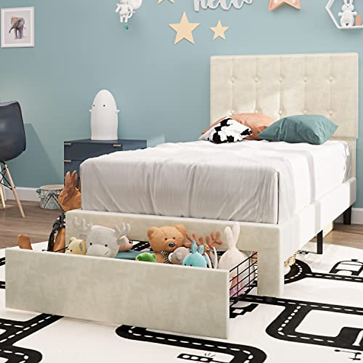 LIKIMIO Twin Bed Frame with XL Under-Bed Drawer, Velvet Upholstered Platform Bed Frame with Headboard, No Box Spring Needed/Noise-Free, Beige