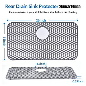 Eqivei Silicone Sink Protectors for Kitchen, 26''x 14'' Heat Resistant Kitchen Sink Mat for Bottom of Stainless Steel/Porcelain Sink,Rear Drain, No-Slip Sink Grid Accessories