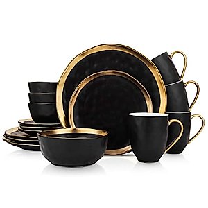 Stone Lain Porcelain 16 Piece Dinnerware Set, Service for 4, Black and Golden Rim
