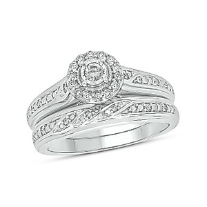 Cali Trove, 1/4cttw Diamond Halo Engagement Ring with Matching Diamond Wedding Band for Women in 925 Sterling Silver, Women's Silver Round Halo Wedding Ring Set with Diamond Accented Bands,7