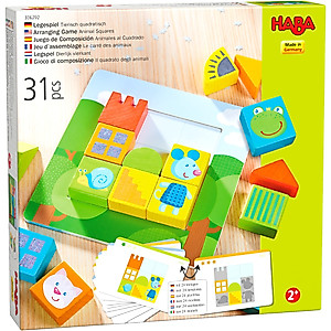 HABA Animal Squares Chunky Wooden Puzzle Building Blocks Arranging Game with Template Cards, Montessori Toys Toddler Puzzle Ages 2+ (Made in Germany)