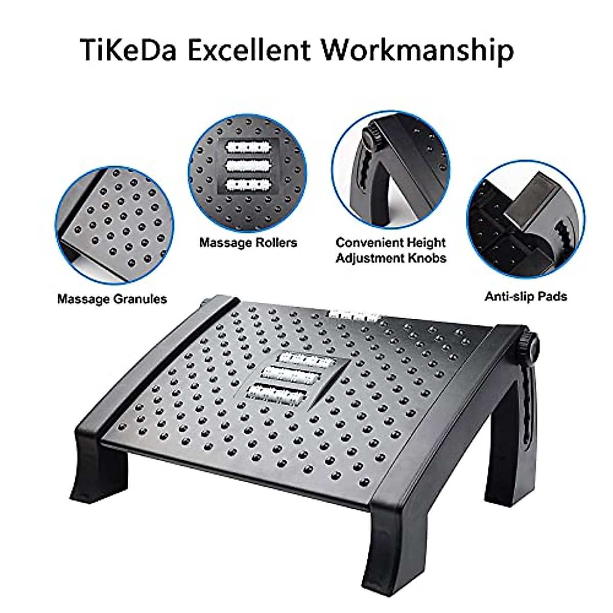TiKeDa Foot Rest for Under Desk at Work Adjustable,Office Chair Foot Rest with Massage Surface and Roller,Pressure Relief for Comfort,6 Height Adjustable,Ergonomic Tilted Foot Stool for Home,Office