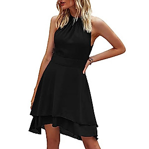 LYANER Women's Halter Sleeveless Pleated Layer Ruffle Hem Elegant Workwear Mini Dress Solid Black Medium