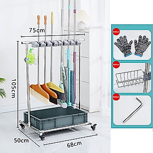 Mop Storage Racks Broom and Mop Rack Can Be Moved,Movable Floor Standing Mop Broom Holder Cleaning Tool Cart,Cleaning Tool Cart,Wet Mop Drain Rack Garden Tool Hanger Shelf with Wheels, Hanging Bro