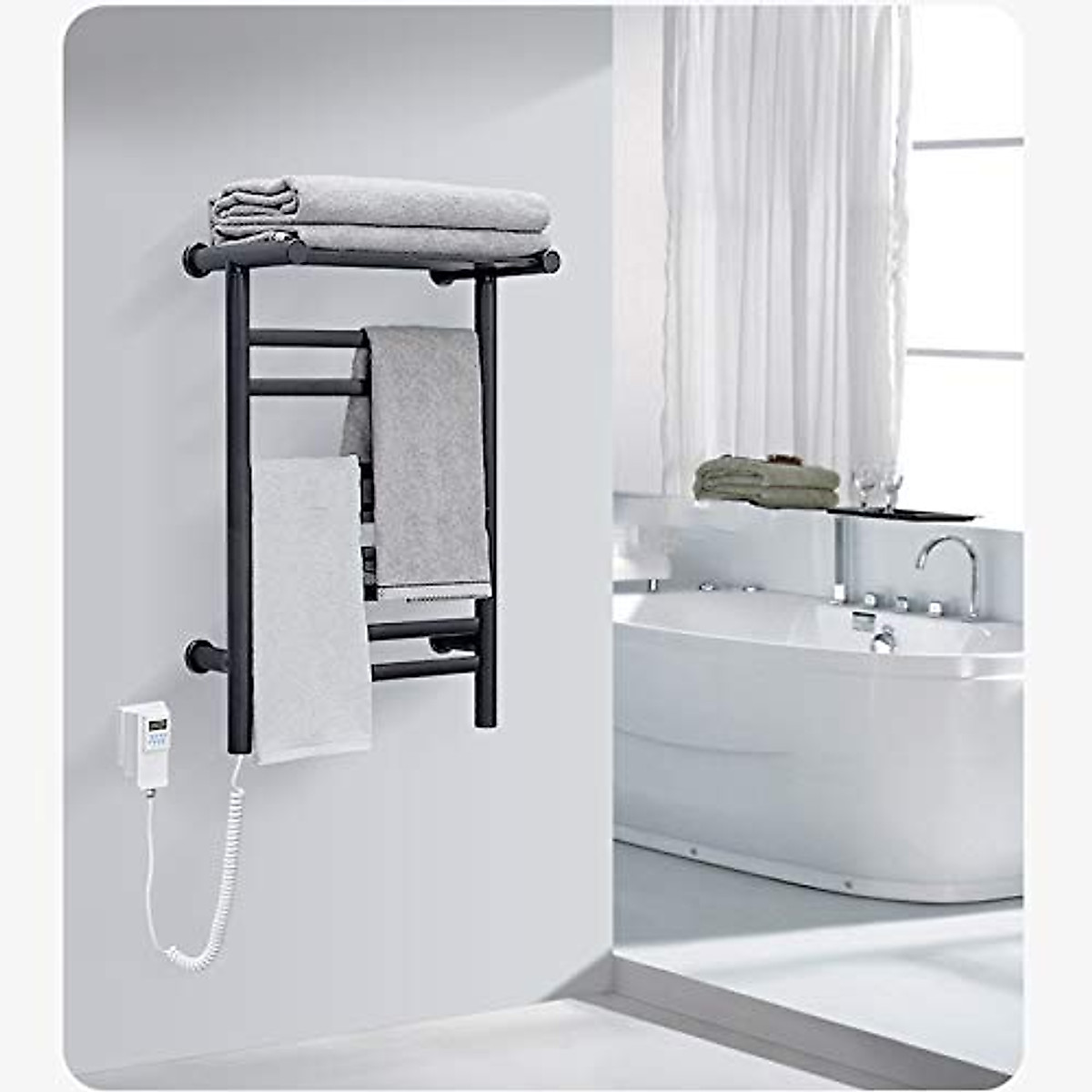 Bathroom Towel Warmer Electric Heated Towel Rack, Matte Black Towel Warmer Bathroom 304 Stainless Steel Electric Towel Rack Radiator Wall Mounted 89W Heated Towel Rail with Waterproof LED Switch, Bath