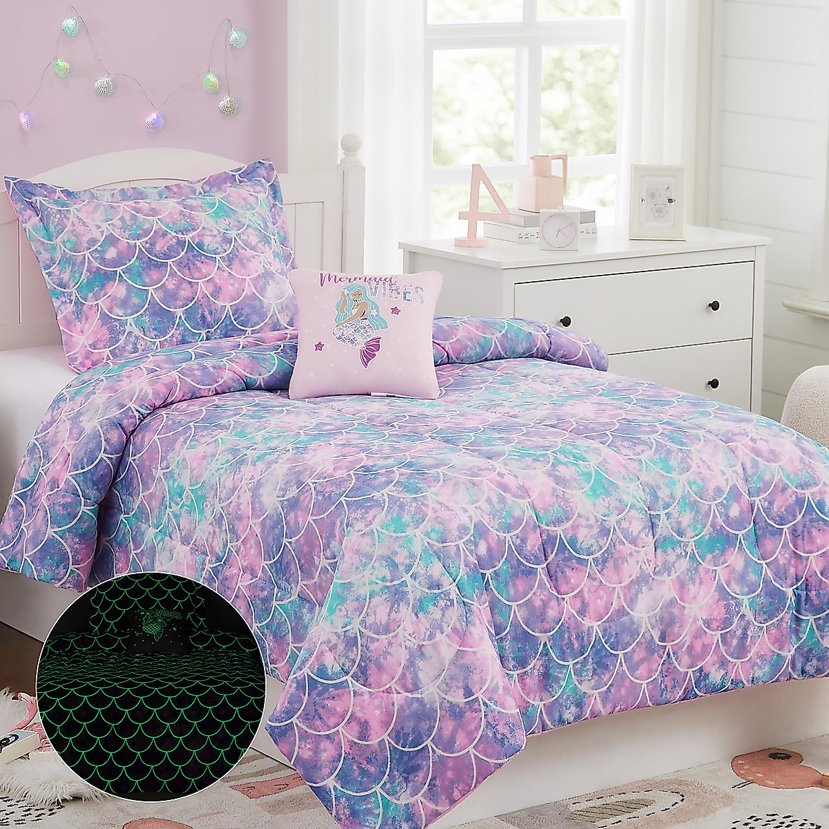 Kaleido Space Kids Comforter Set Twin Size for Girls, Glow in The Dark Mermaid Bedding Set 1 Comforter, 1 Decor Pillow, 1 Pillow Shams