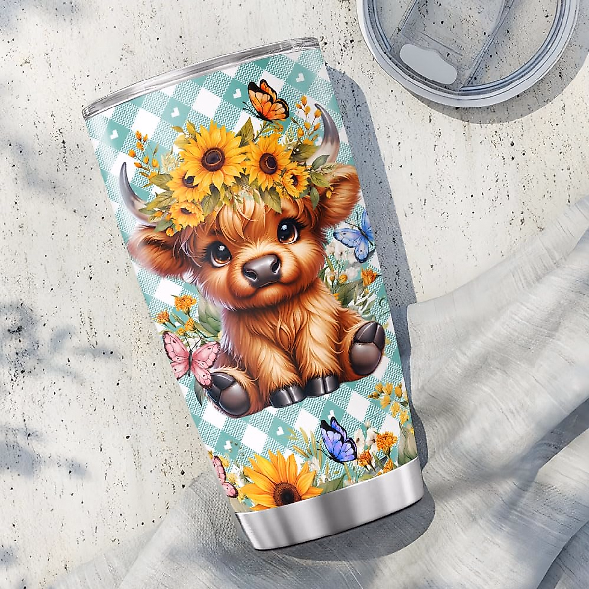 JENOIS Simply Flower Water Modern Handle Checkered Simple Sunflower Floral Cups, Highland Cow Gifts, Tumbler 20 Oz With Lid And Straw, Life Is Better Highland Cow