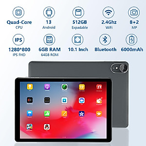 ECOPAD 10.1 inch Android 13 Tablet PC, 6GB RAM 64GB ROM 512GB Expand,Quad-Core Tablets,IPS HD Touch Screen and Dual Speakers,Google Certificated Wi-Fi Tablets,Dual Camera,6000mAh (Gray)