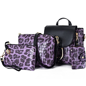 ZiMing Women Handbags Wallet Set Leopard Print Leather Purses Small Backpack Crossbody Shoulder Bags Wristband Wallet 4 Pcs