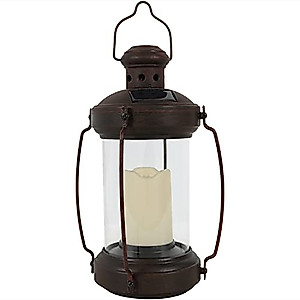 Sunnydaze Hanging Solar Light with LED Light and Candle - 12-Inch Outdoor Solar Lantern - Antique Outdoor Decoration for Patio, Porch, Deck, Garden or Backyard