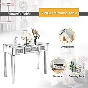 VINGLI Mirrored Vanity Desk with Drawers and Flip Mirror, Glass Vanity, Mirrored Vanity Table, Mirror Vanity Silver Desk, Mirrored Makeup Vanity Table for Bedroom/Makeup Room, Silver