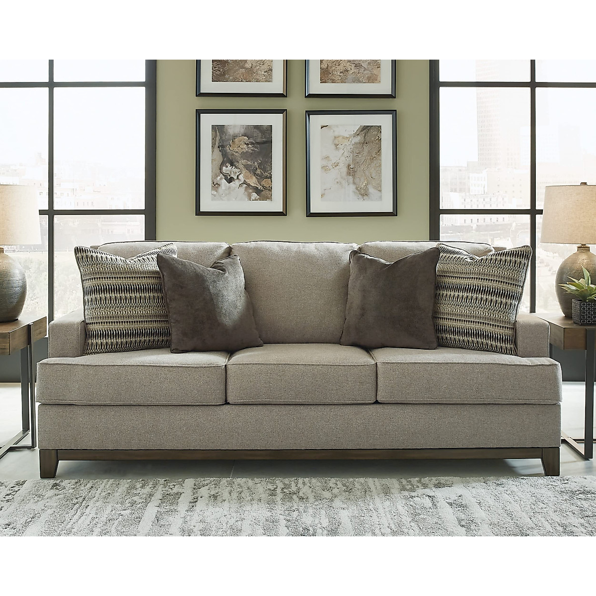Signature Design by Ashley Kaywood Modern Sofa with 4 Throw Pillows, Brownish Gray