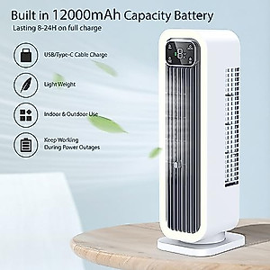 Oscillating Tower Fan, Bladeless Desk Fan 15 inch 12000mAh Battery Operated Portable Table Fan for Bedroom Office Home, Small Standing Fan for Rooms Desktop with Touch Control, Timer, Dimmable Light