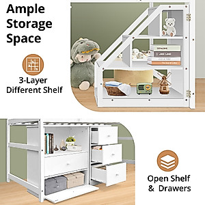TURRIDU Low Loft Bed with Pullable Storage Staircase and 2 Cabinet, Wooden Stairway Loft Bed with Drawers and Shelves, Twin Size Bed Frame for Girls, Boys, Teens, No Box Spring Needed