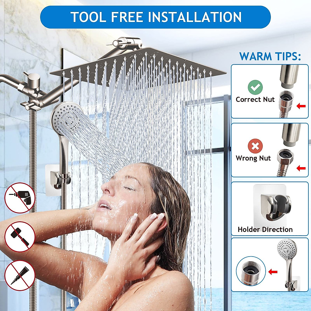 Shower Head Combo(Brushed Nickel),10'' High Pressure Rain Shower Head with 11'' Adjustable Extension Arm and 5 Settings Handheld,Powerful Shower Spray Against Low Pressure Water