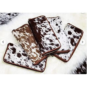 Womens Zipper Wristlet Cowhide Clutch Real Leather Wallet Purse, Handbag Organizer for women Size 8 x 4 Inches by NGF (CL-02 Brown & White (Zipper))