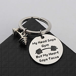 BEKECH Fitness Keychain Gym Keychain My Head Says Gym But My Heart Says Tacos Fitness Jewelry Fitness Lover Workout Gift Bodybuilding Gift (silver)