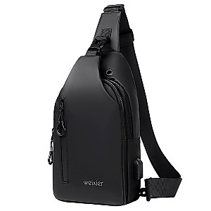 Hjkiopc Waterproof Sling Bags Mens Anti-theft Shoulder Crossbody Backpack with USB Charging Port& Headphone,Outdoor Lightweight Bag (Black)