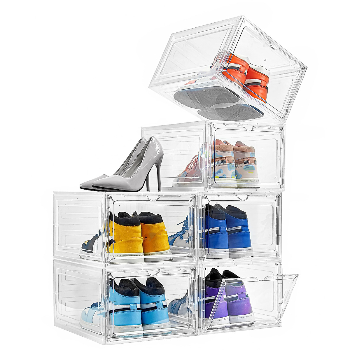 Attelite Drop Front Shoe Box,Set of 6,Stackable Plastic Shoe Box with Clear Door, As Shoe Storage Box and Clear Shoe Box,For Display Sneakers,Easy Assembly,Fit up to US Size 12(13.4”x 10.6”x 7.4”)