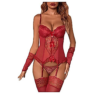 Black Tights, Lengire Sexy for Women Underwear Lengerie Sets Women's Lingerie Solid Color Garter Stockings Suit Two Piece - Lingerie Woman Bra Langire and Panties One Piece (M, Red)