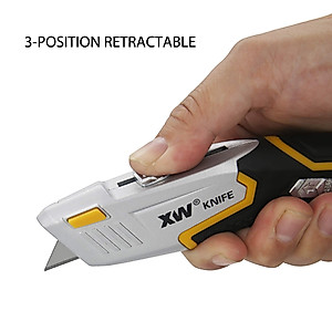 XW Auto Loading Utility Knife, 3-Position Retractable Box Cutter with 5 Pre-loaded Blades, Bonus 10 Blades Included