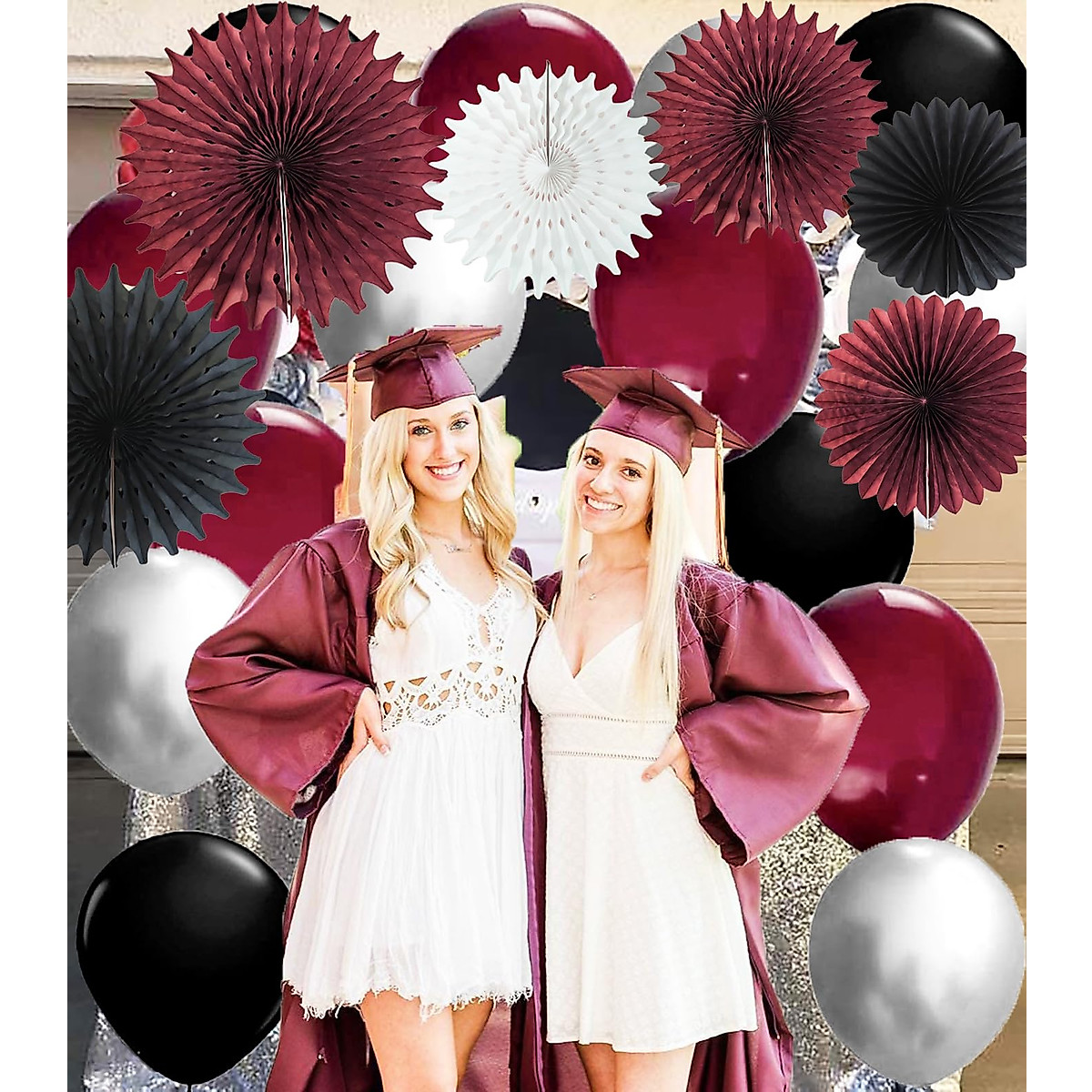 Graduation Decorations Maroon Black 2024/Burgundy Black Graduation Party Decorations/Burgundy White Black Tissue Paper Fans for Maroon Black Birthday Party Bridal Shower/Maroon Graduation Decorations