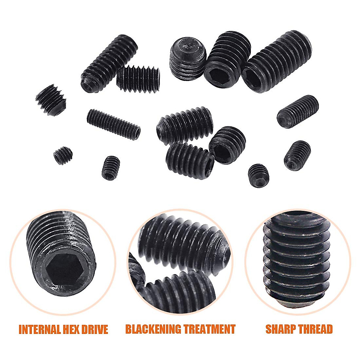 Rustark 450Pcs M3/M4/M5/M6/M8 Allen Head Socket Hex Grub Screw Set Assortment Kit with Internal Hex Drive - 12.9 Class Black Alloy Steel