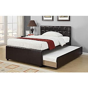 GOWE Full Size Bed w/Trundle Slats Espresso Faux Leather Plywood Kids Youth Bedroom Furniture Wooden Slats Square Box Upholstered Headboard 1pc Bed