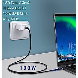 Short USB C to USB C Cable (1.5ft 2 Packs), 3.1 Gen 2 10Gbps 100W 4K USB C Video High Speed Data Transfer Fast Charging Cord Compatibile with Samsung Galaxy T5 LaCie SSD, MacBook, Display Monitor