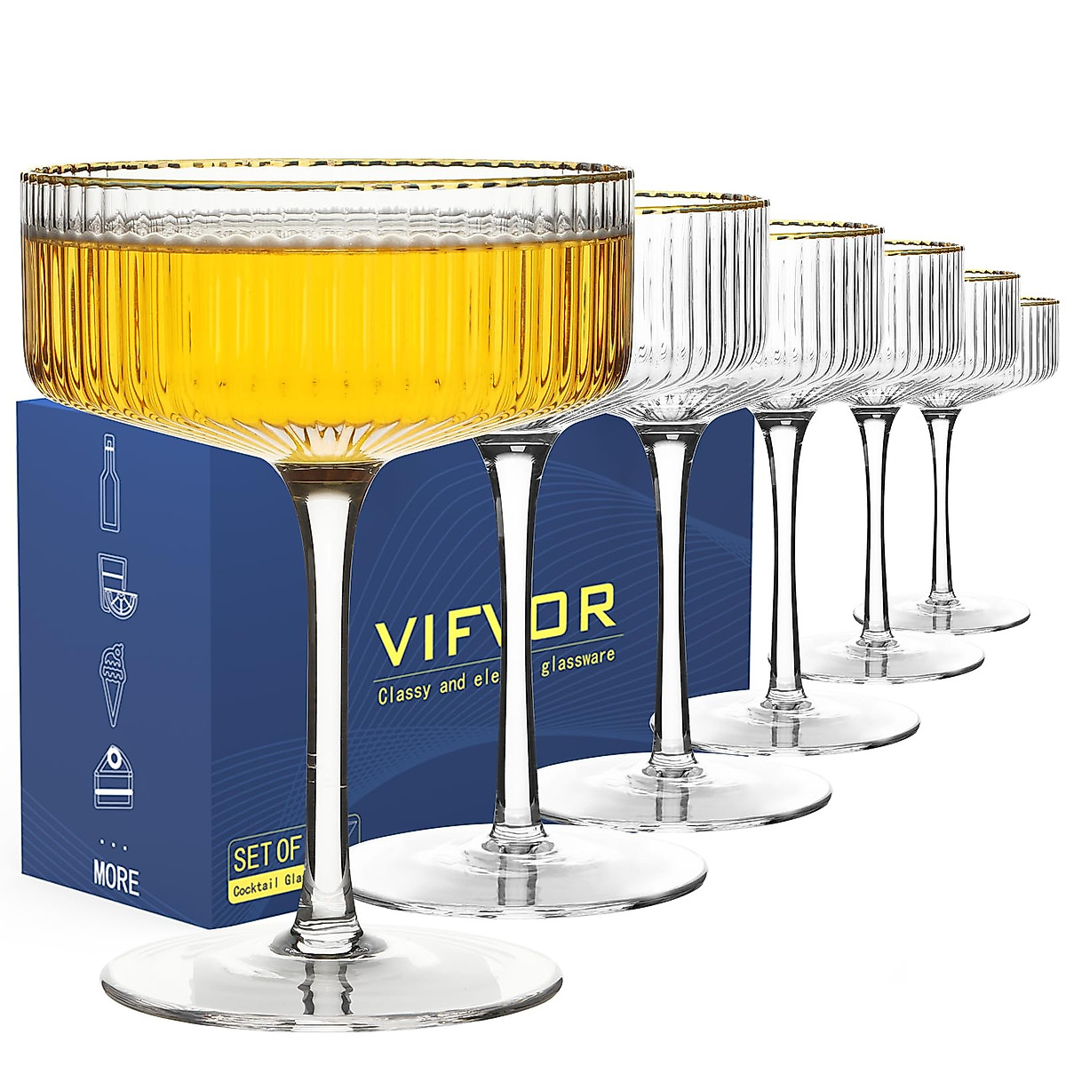 VIFVOR Coupe Glasses Set of 6, Cocktail Glasses 10 oz Classic Old Styling Martini Glass Set with Gift Box Packaging Elegant Hand Blown Martini Glasses for Cocktail, Champagne, Bar and Gift