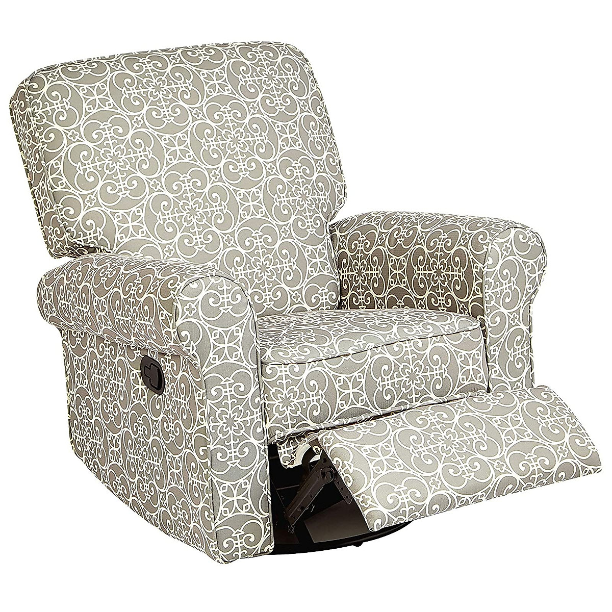 JC HOME Menet Swivel Glide Recliner with Fabric Upholstery in a Scrollwork Print, Doodles Ash