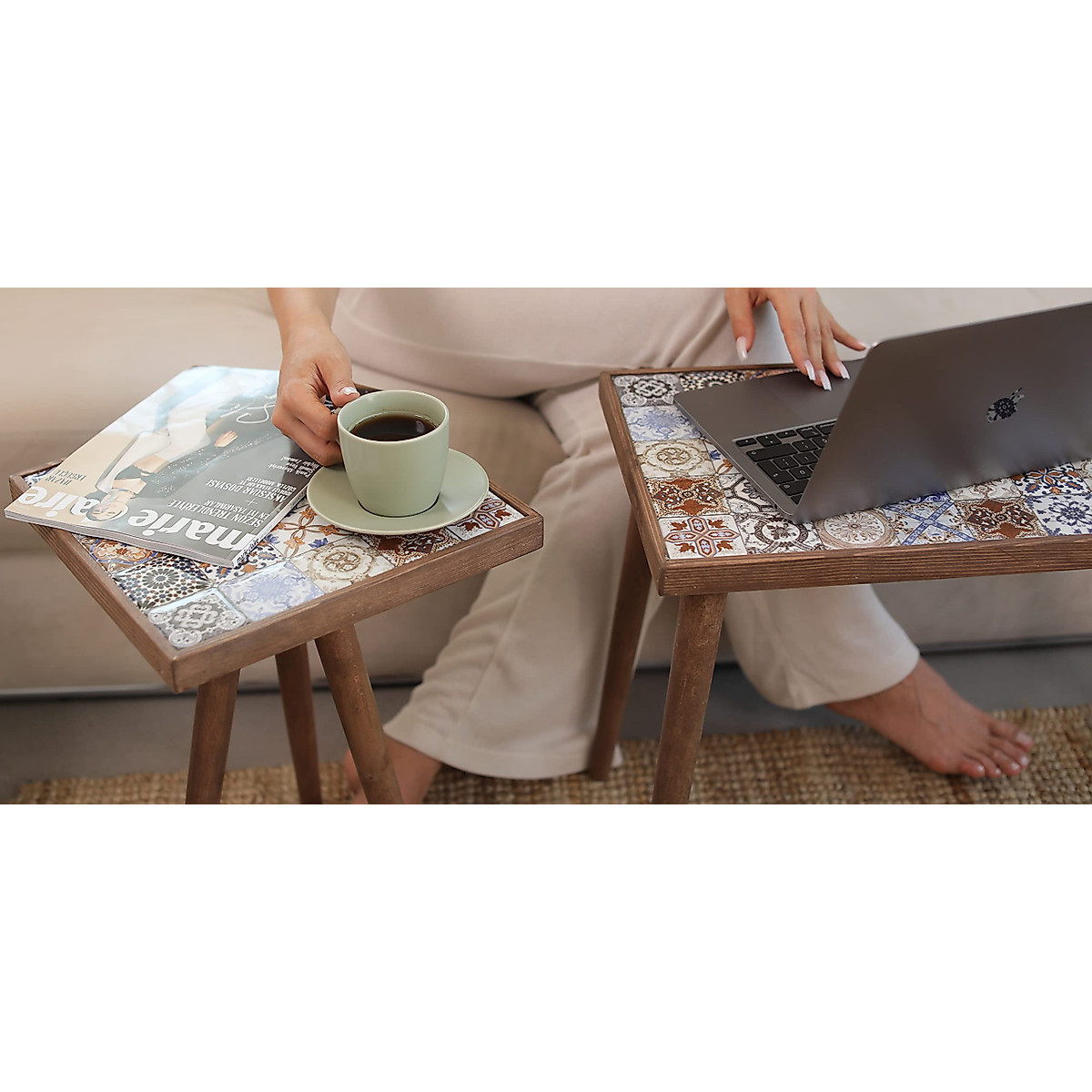 Comfyt Side Table, Coffee Table, End Table, Home Decor Table, Nightstand Nesting Table, Bedside Table, Accent Table, Home Essentials, Solid Wood Table, Mexican Tile Table, Ceramic End Table